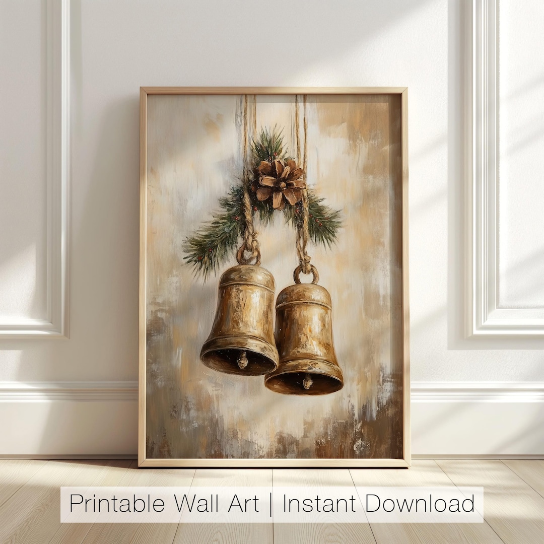 Vintage Christmas Bells Printable, Rustic Holiday Wall Art, Winter Home ...
