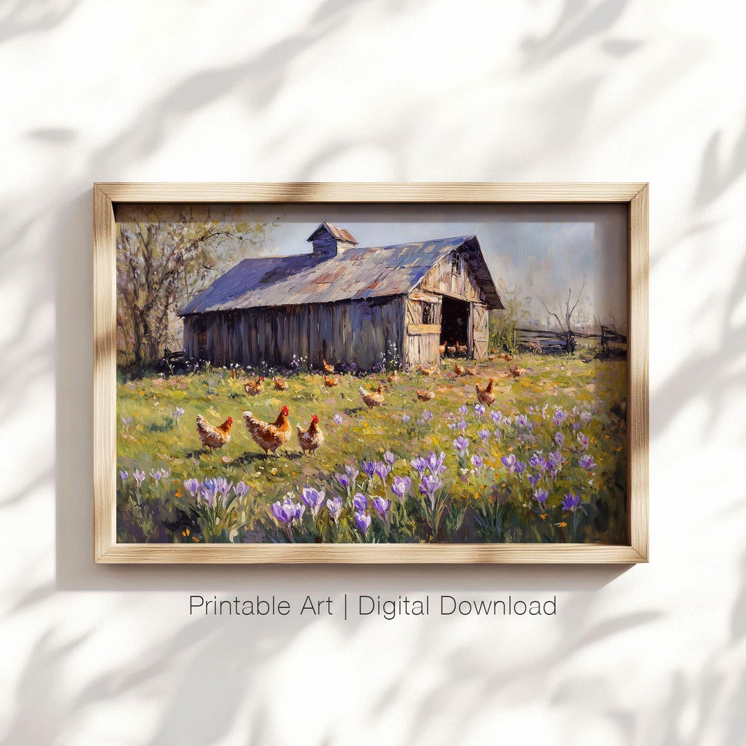 Rustic Barn With Chickens Art, Country Farmhouse Printable, Wildflower ...
