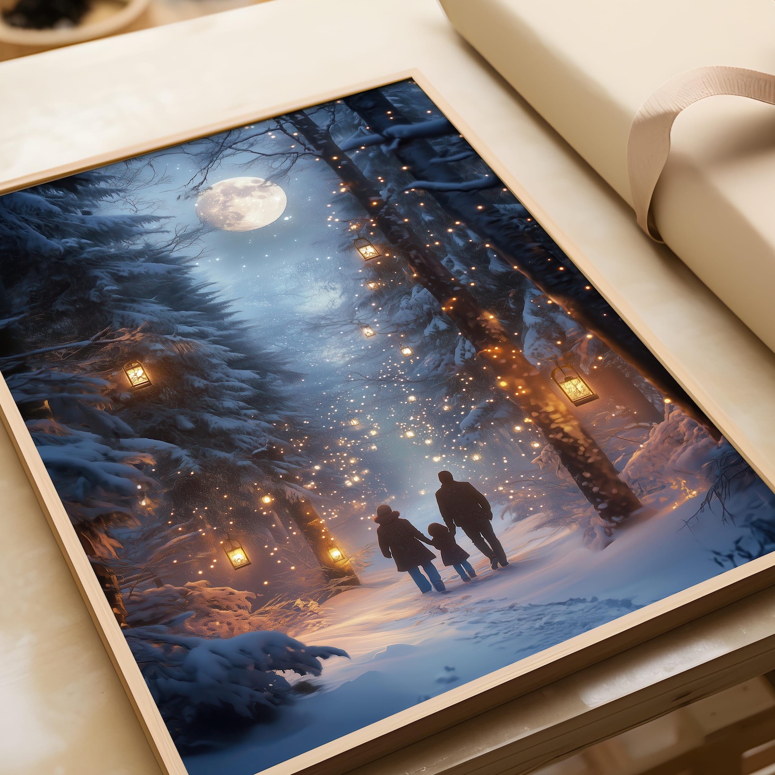 Winter Forest Wall Art, Family Walking Under Moonlight, Christmas Art ...