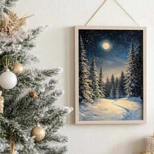 Winter Moon Forest Art, Snowy Night Landscape, Christmas Wall Art Print ...