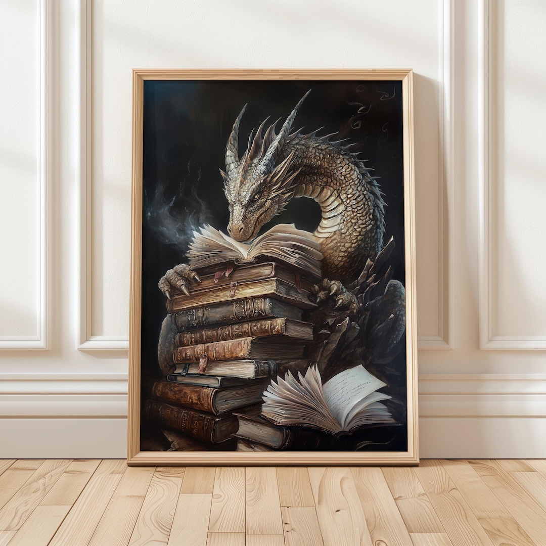 Fantasy Dragon Book Art Print | Mythical Book Lover Wall Decor ...