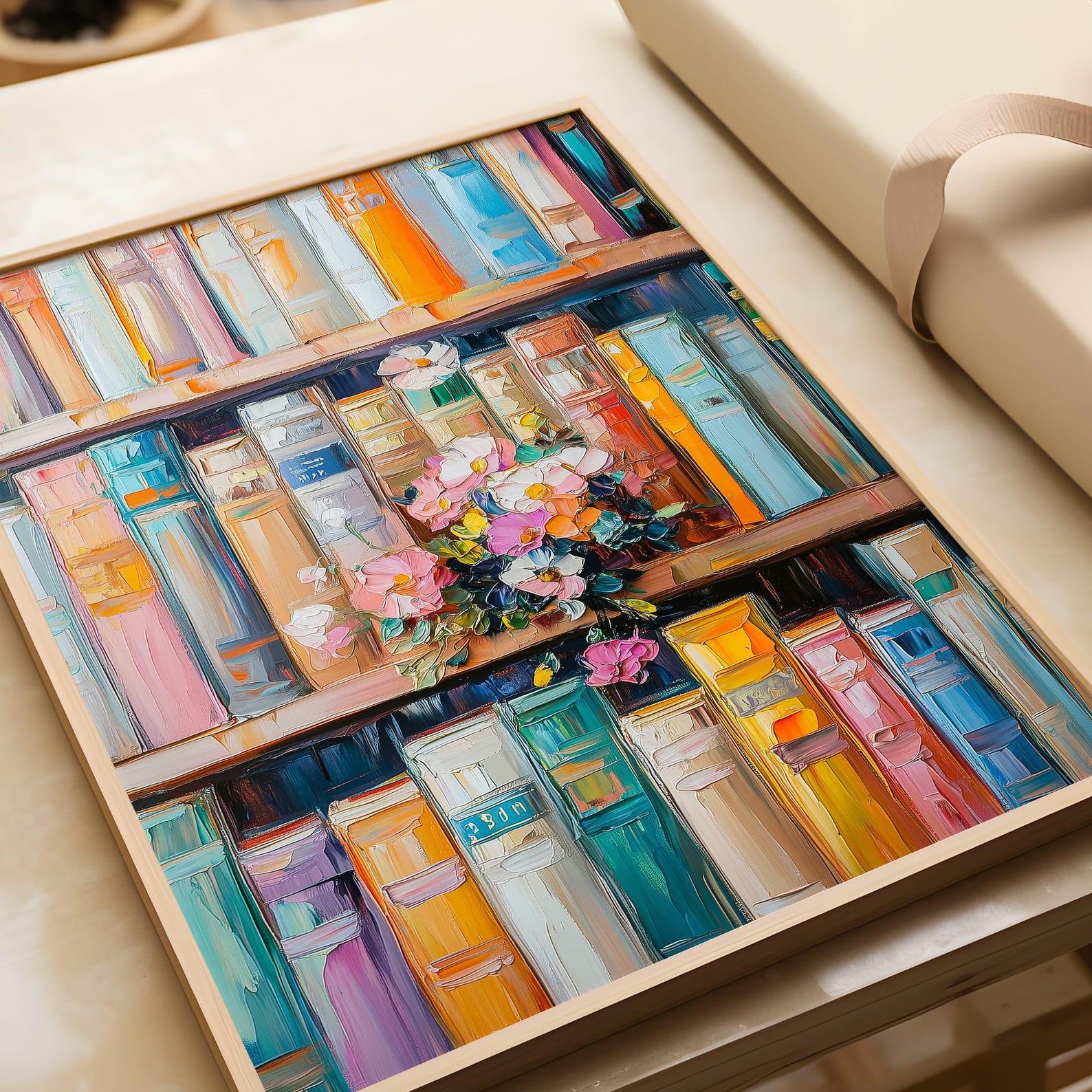 Colorful Book Shelf Art Print | Floral Library Decor | Vibrant Book ...