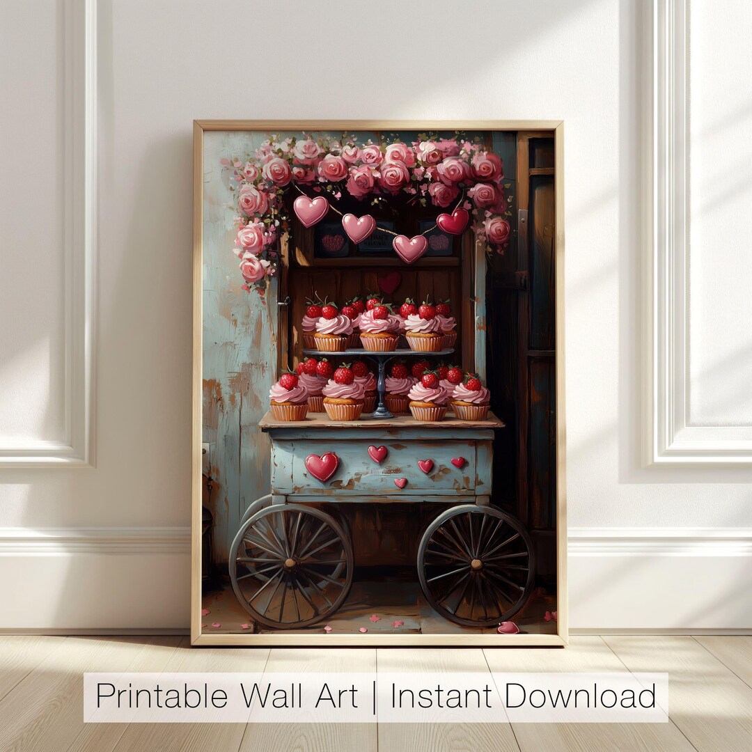 Vintage Cupcake Cart Art, Valentine Printable, Cupcakes Art Print, Pink ...