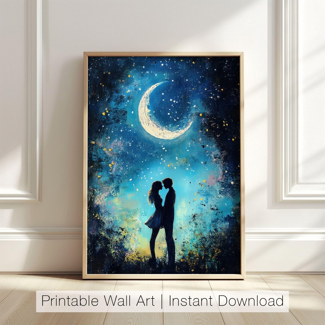 Romantic Couple Wall Art, Starry Night Love Scene, Valentine Day Print ...