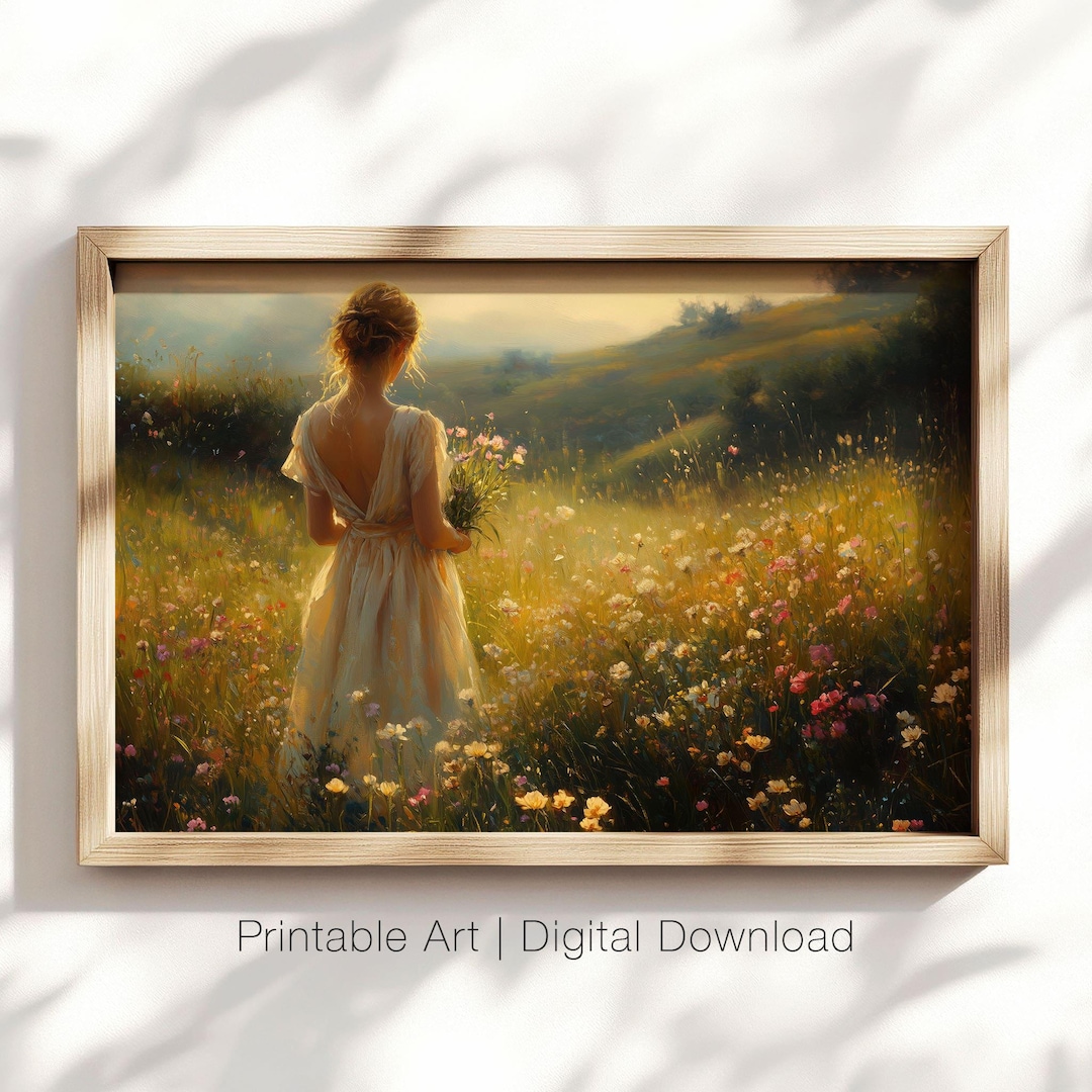 Golden Hour Wildflower Field Art, Rustic Countryside Woman Print ...