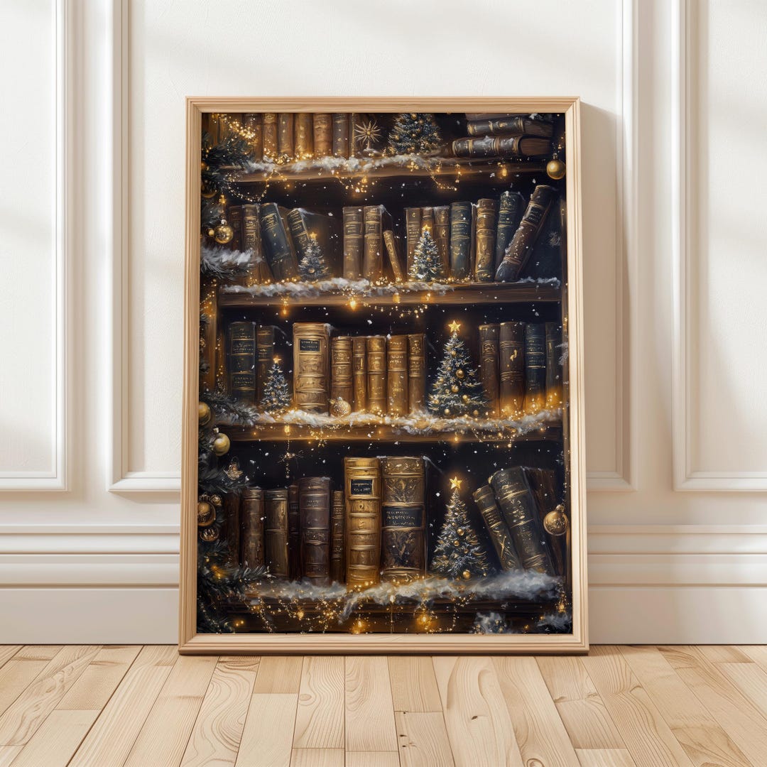 Christmas Bookshelf Art Print | Reading Nook Christmas Decor | Book ...