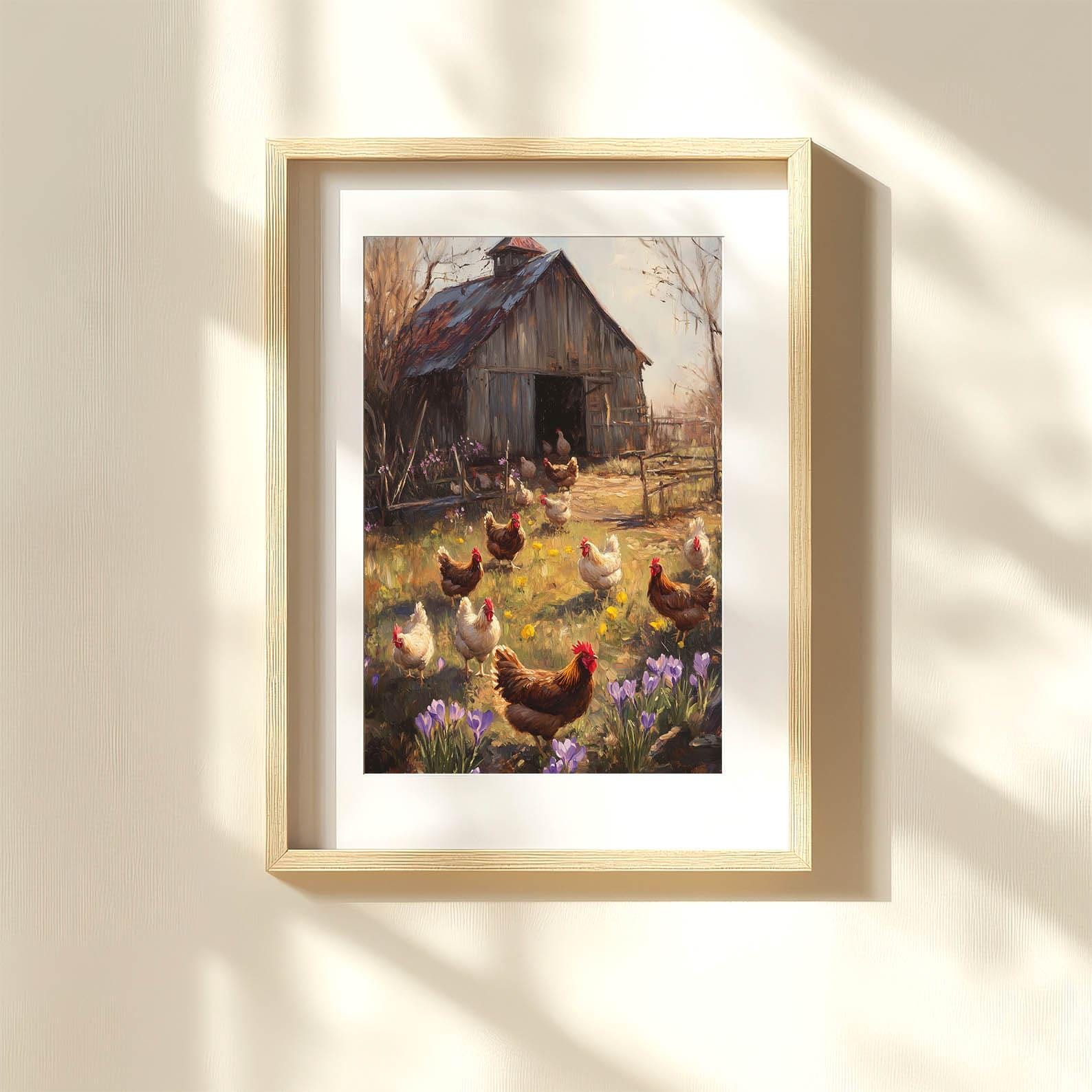 Vintage Rustic Farmhouse Chicken Art, Barn Landscape Print, Country ...