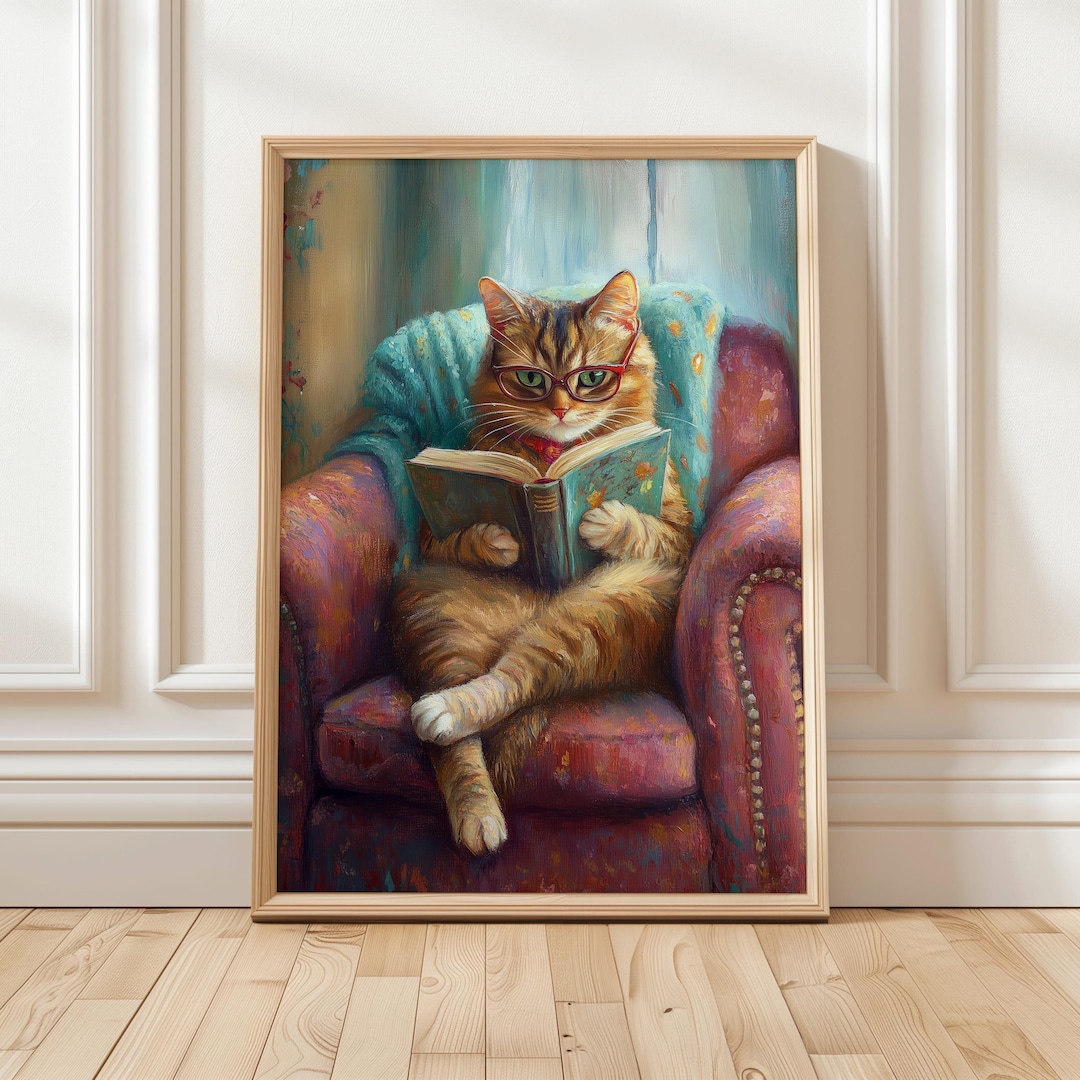 Cozy Cat Reading Art Print | Book Lover Wall Decor | Cute Cat Digital ...