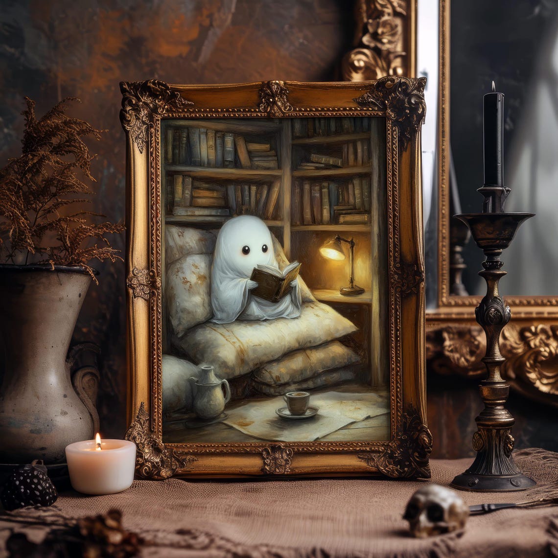Cozy Ghost Library Art Print | Bookish Halloween Decor | Spooky Reading ...
