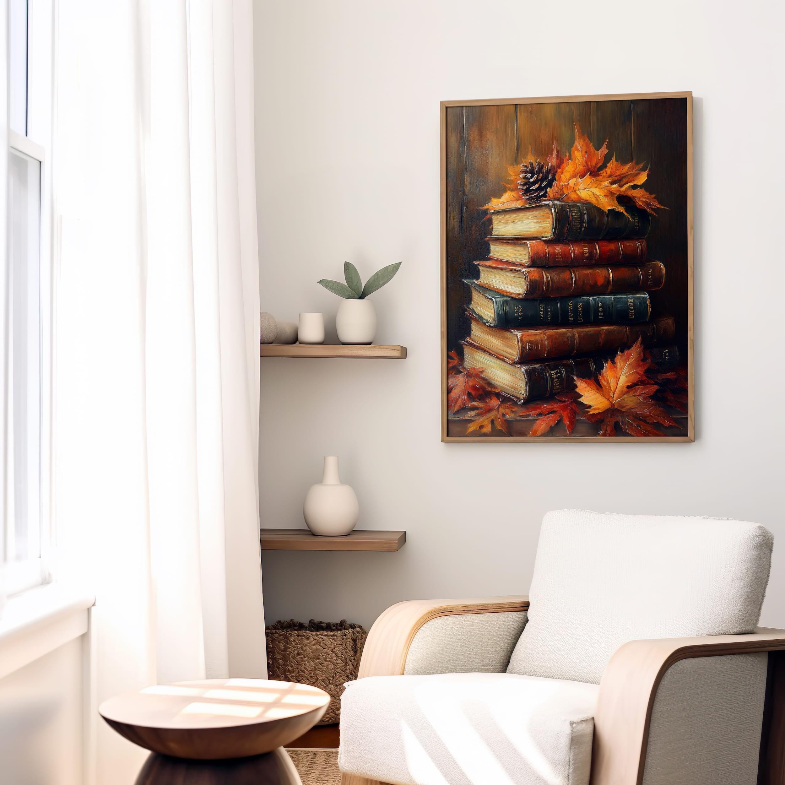 Vintage Autumn Book Stack Art Print | Cozy Fall Reading Nook Decor ...