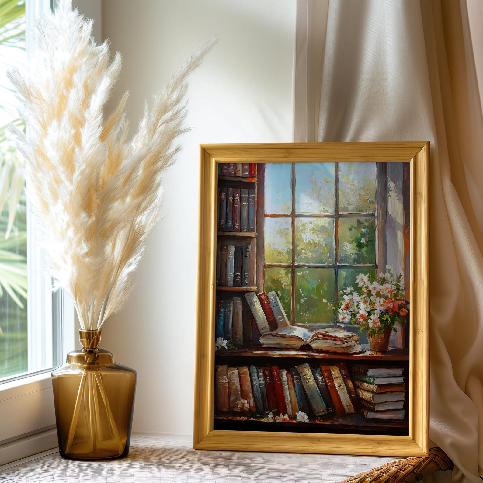Cozy Vintage Library Art Print | Book Lover Wall Decor | Floral ...