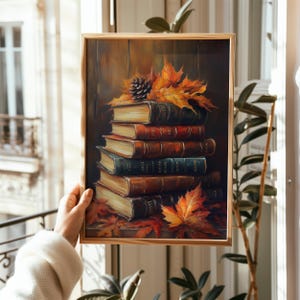 Vintage Autumn Book Stack Art Print Cozy Fall Reading Nook Decor Book ...