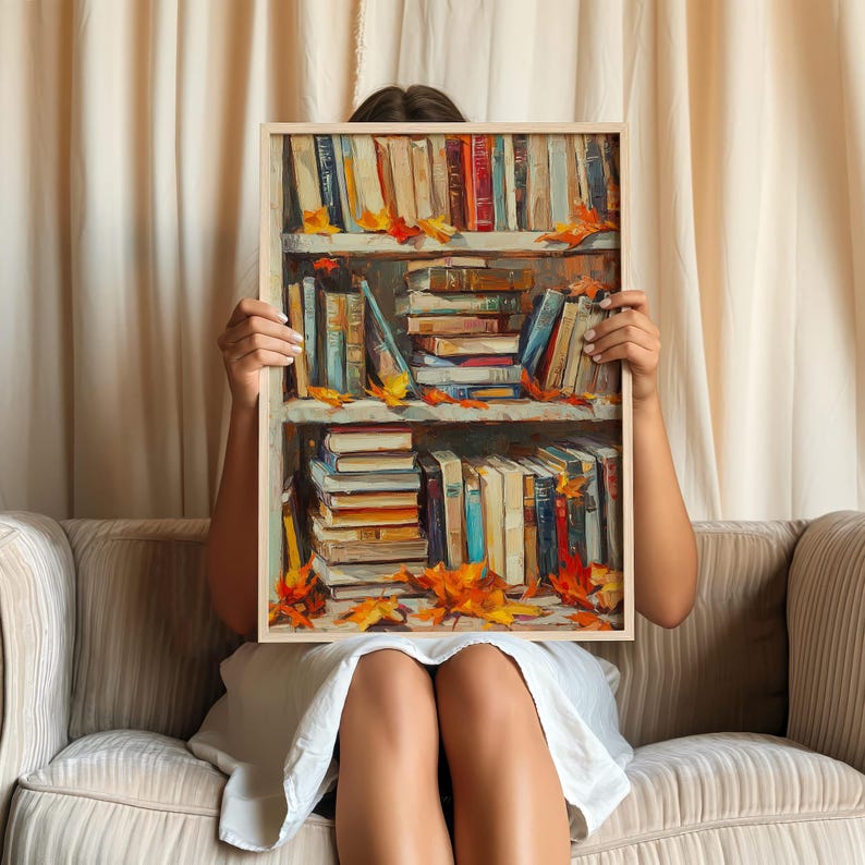 Autumn Bookshelf Art Print | Cozy Fall Library Decor | Vintage Book ...