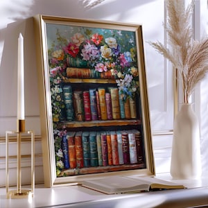 Vintage Bookshelf Art Print | Cozy Book Lover Print | Book Floral Wall ...