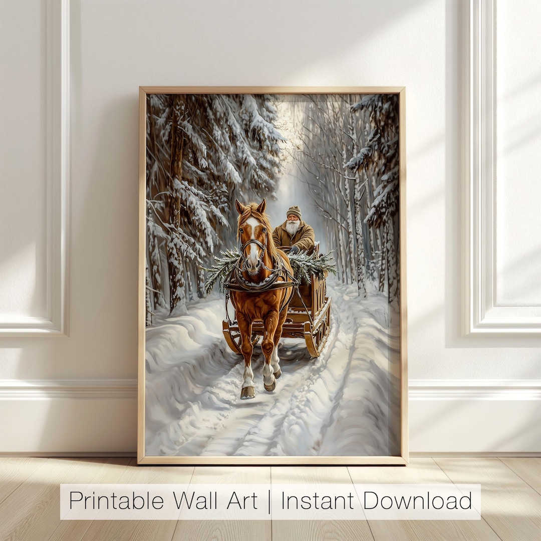 Horse Sleigh Ride Art Print, Winter Forest Printable, Rustic Snow Scene ...