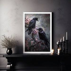 Victorian Gothic Raven Art Print | Dark Floral Art | Two Ravens on ...