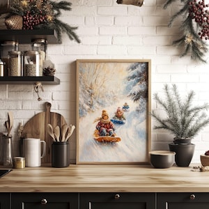Winter Sledding Wall Art, Christmas Holiday Decor, Vintage Winter ...
