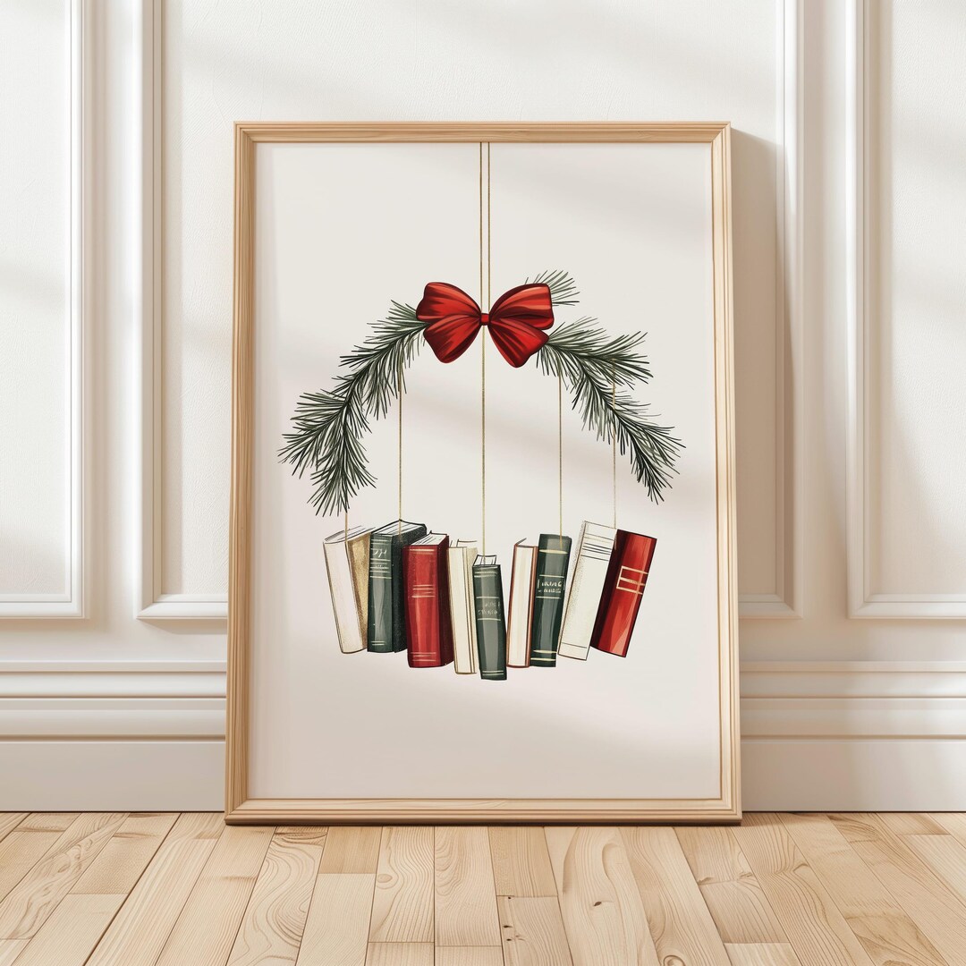 Christmas Book Wreath Art Print | Book Lover Holiday Wall Decor ...