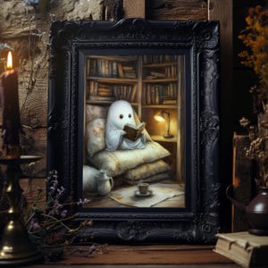 Cozy Ghost Library Art Print | Bookish Halloween Decor | Spooky Reading ...