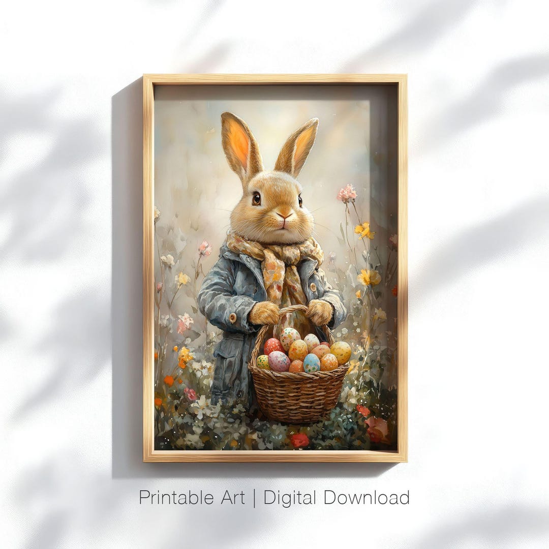 Easter Bunny Wall Art, Rabbit Printable Art, Basket of Eggs Artwork ...
