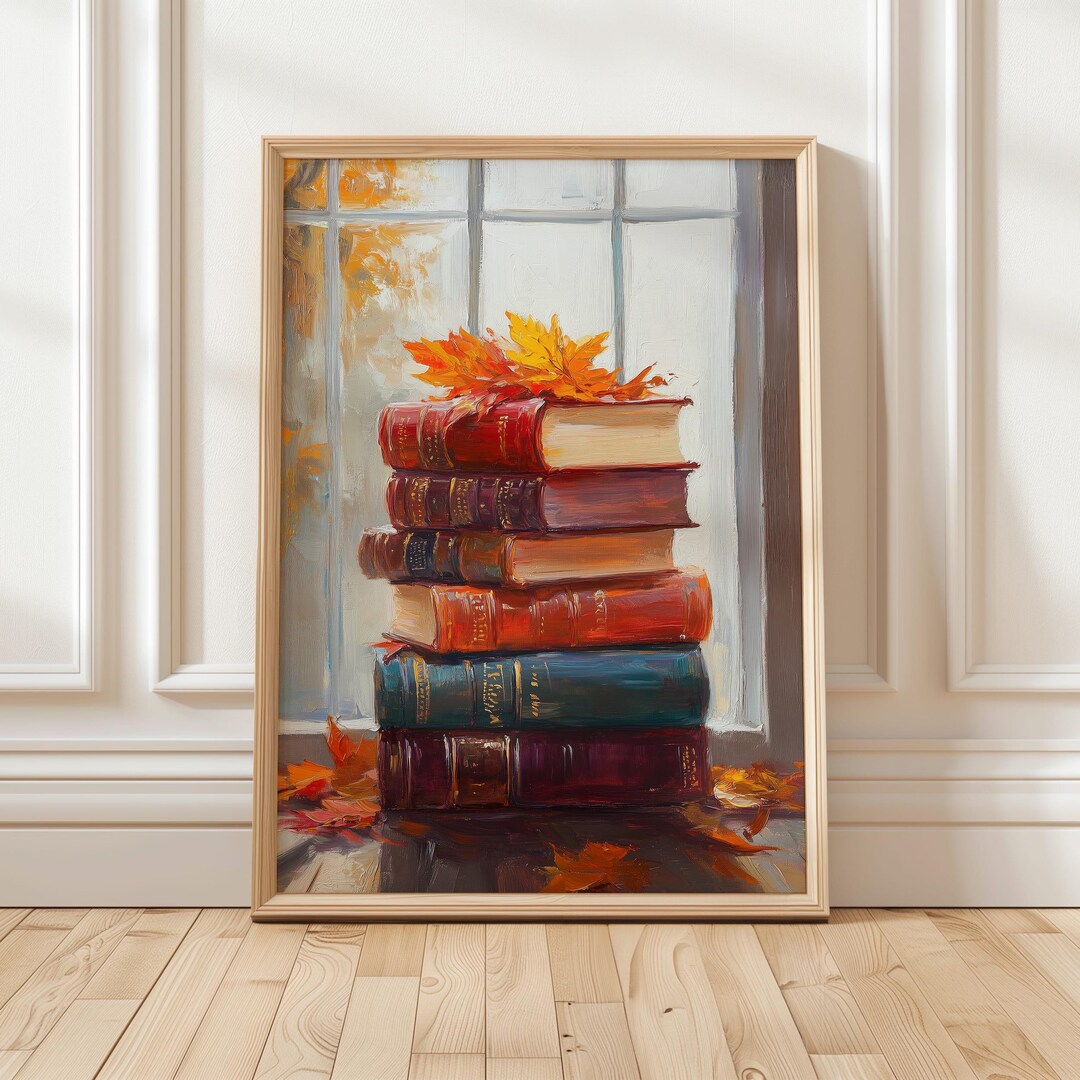 Vintage Autumn Book Stack Art Print | Cozy Fall Library Decor | Book ...