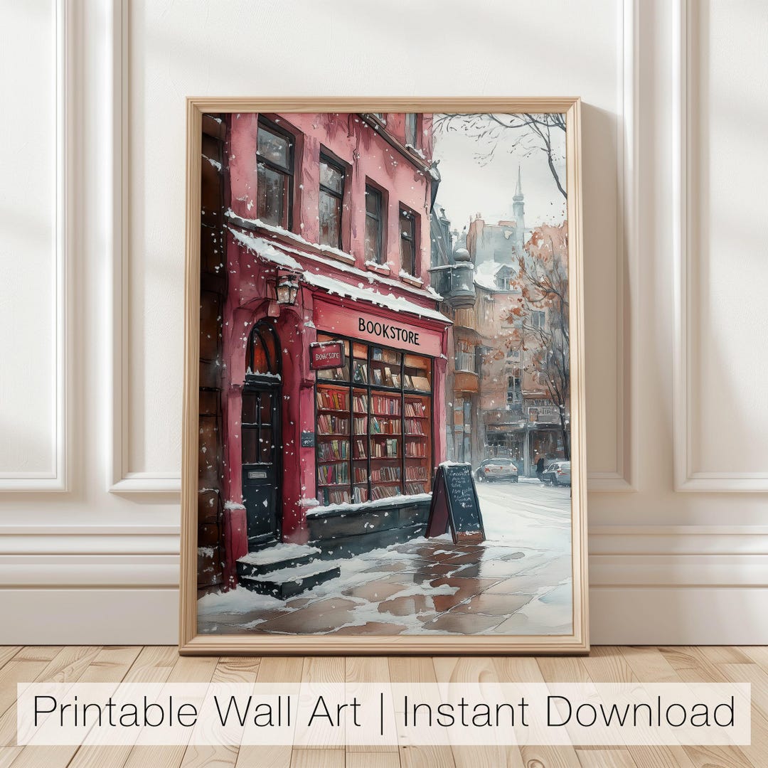 Winter Bookstore Wall Art, Bookshop Illustration, Christmas Book Lover ...