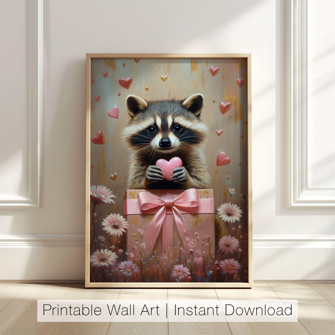 Cute Raccoon Wall Art, Animal Valentine Printable, Raccoon Art Print ...