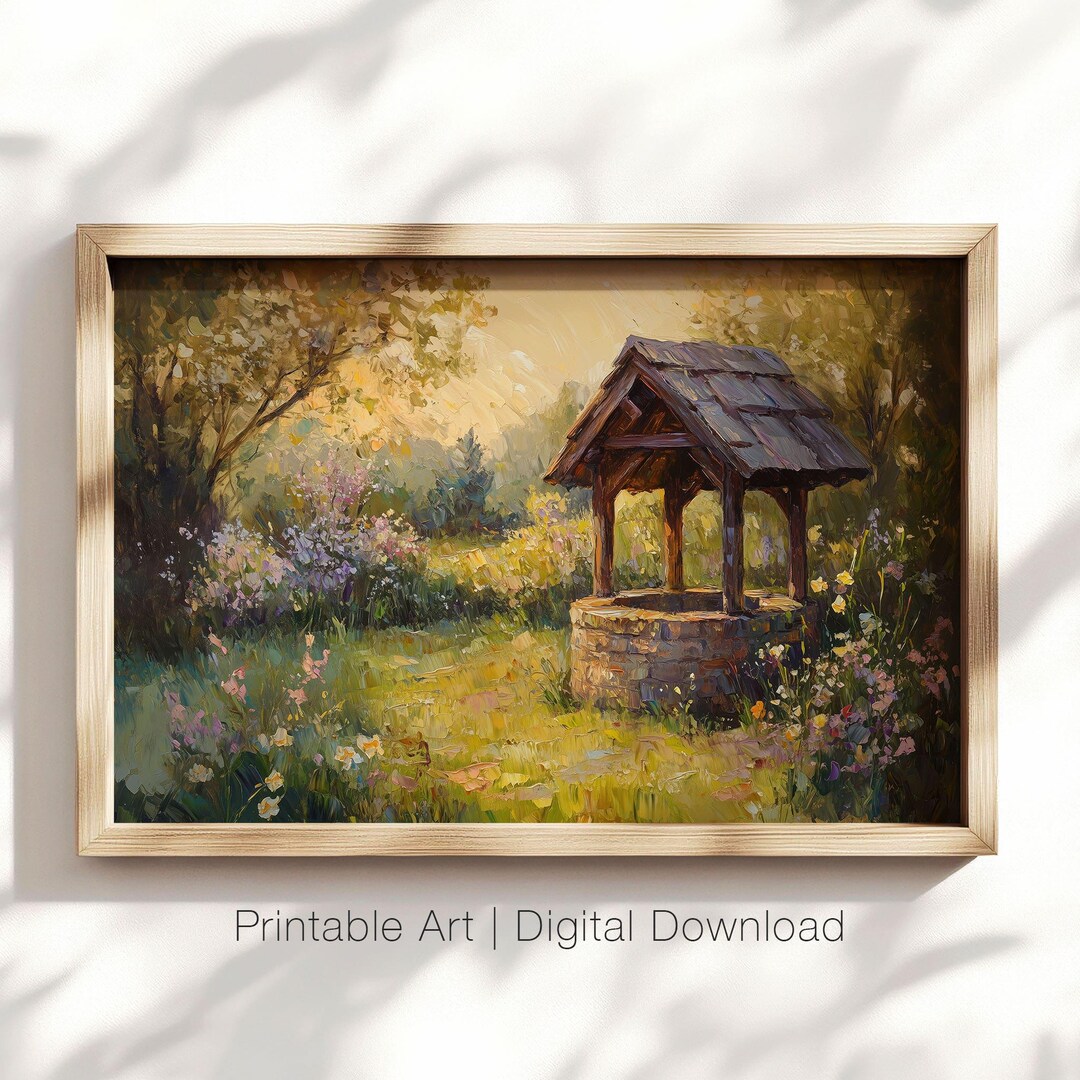 Rustic Garden Well Art, Cottagecore Wall Decor, Farmhouse Floral ...