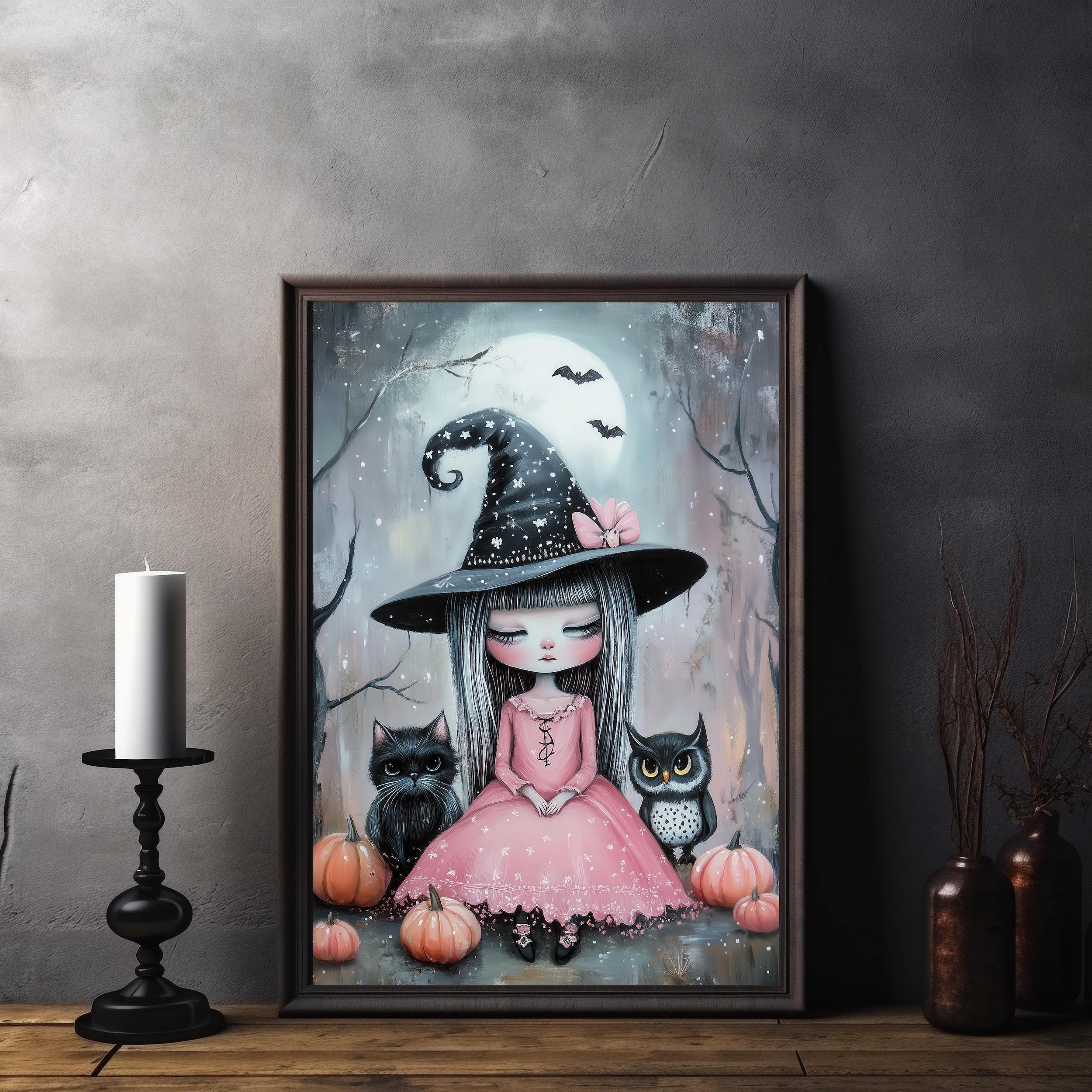 Cute Witch and Cat Art Print | Gothic Halloween Wall Decor | Kawaii ...