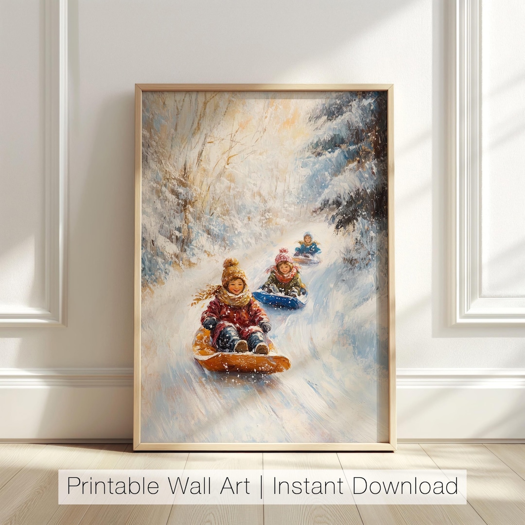 Winter Sledding Wall Art, Christmas Holiday Decor, Vintage Winter ...