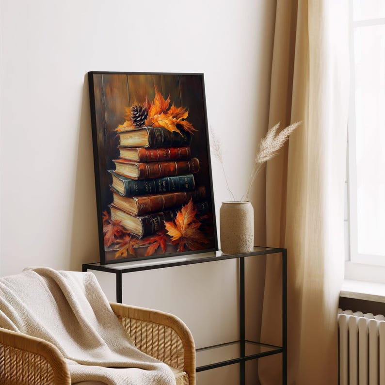 Vintage Autumn Book Stack Art Print | Cozy Fall Reading Nook Decor ...
