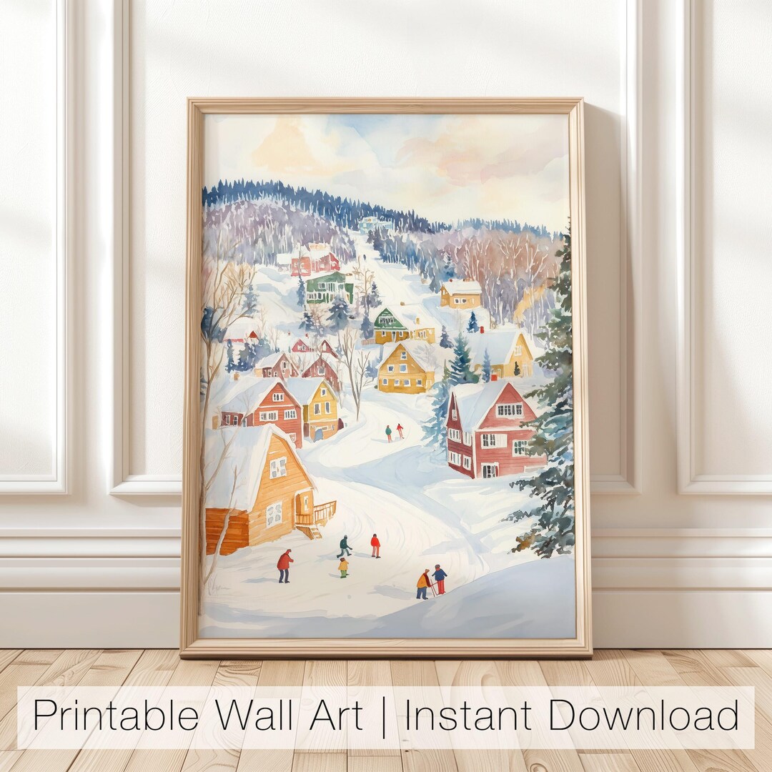 Winter Village Wall Art, Snowy Landscape Printable, Winter Scene ...