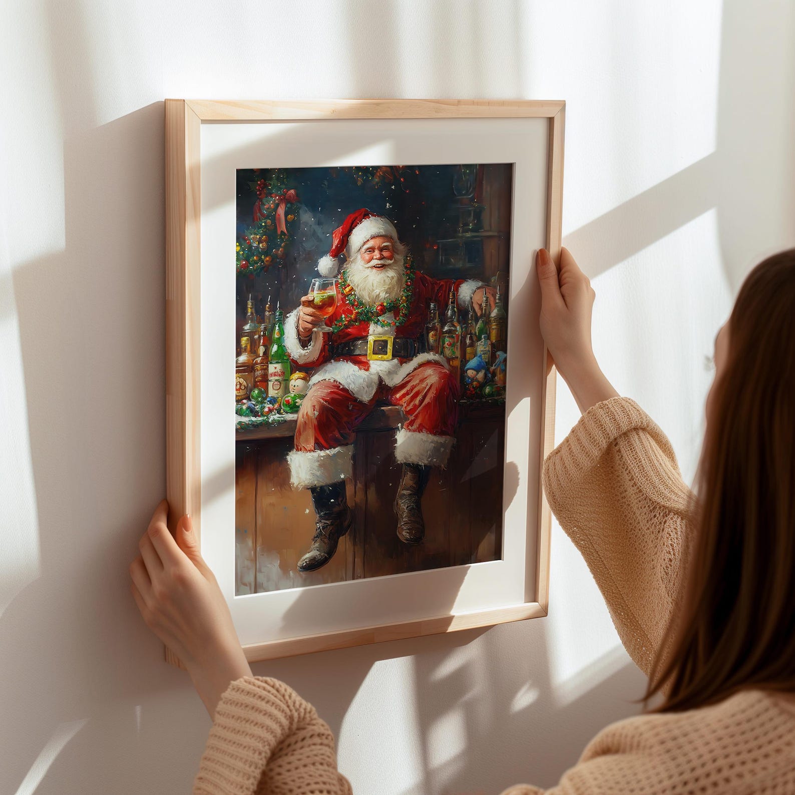 Funny Santa Claus Drinking Art, Christmas Wall Art, Holiday Bar Cart ...