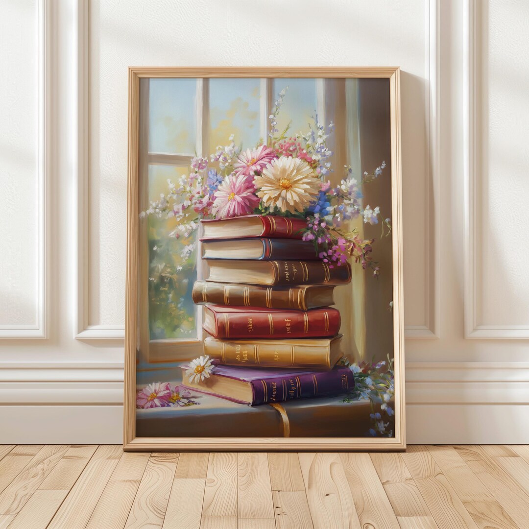 Vintage Floral Book Stack Art Print | Cozy Library Decor | Book Lover's Digital Wall Art ...