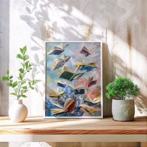 Flying Books Art Print | Colorful Digital Wall Art | Abstract Book ...