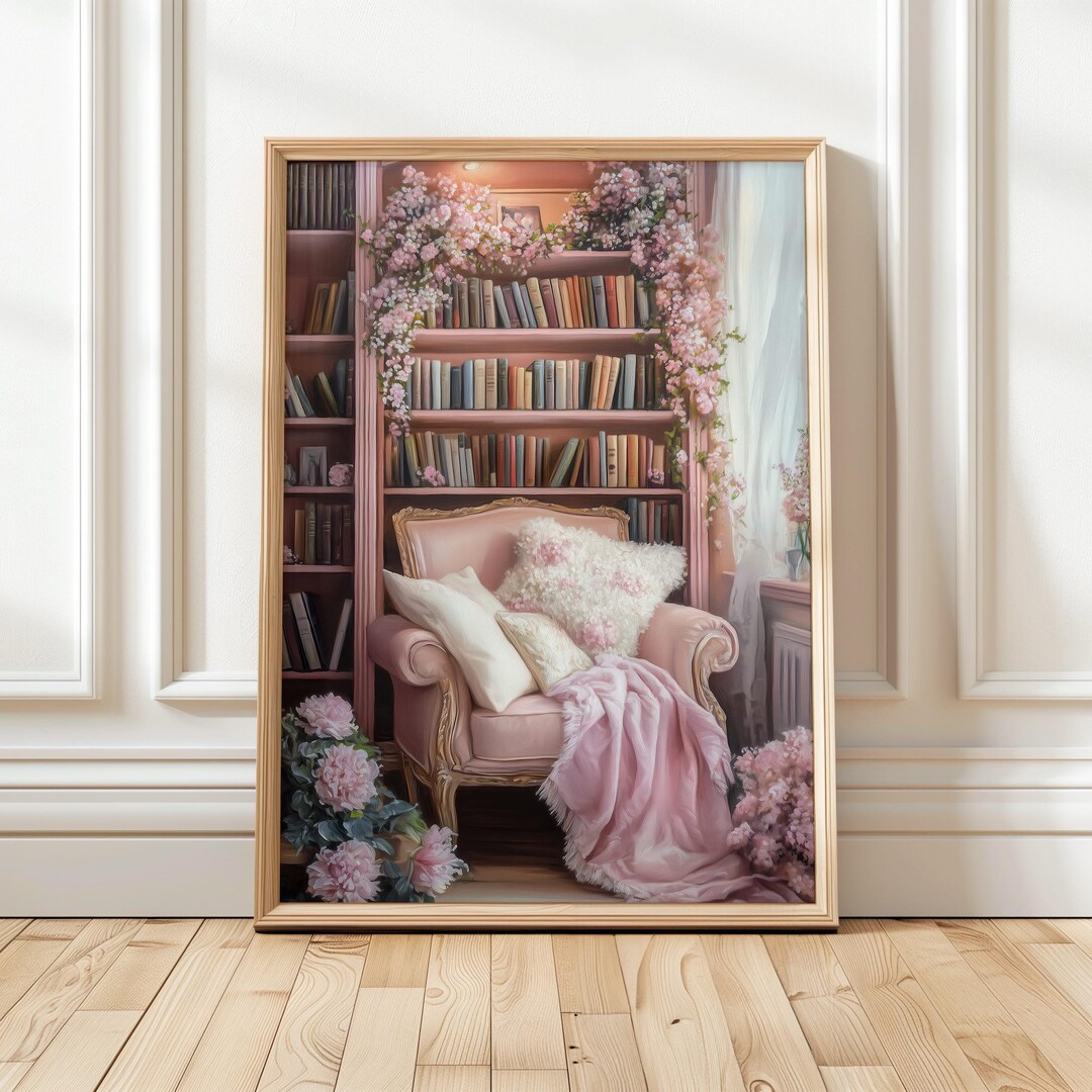 Pink Cozy Reading Nook Art Print | Girly Library Wall Decor | Shabby ...