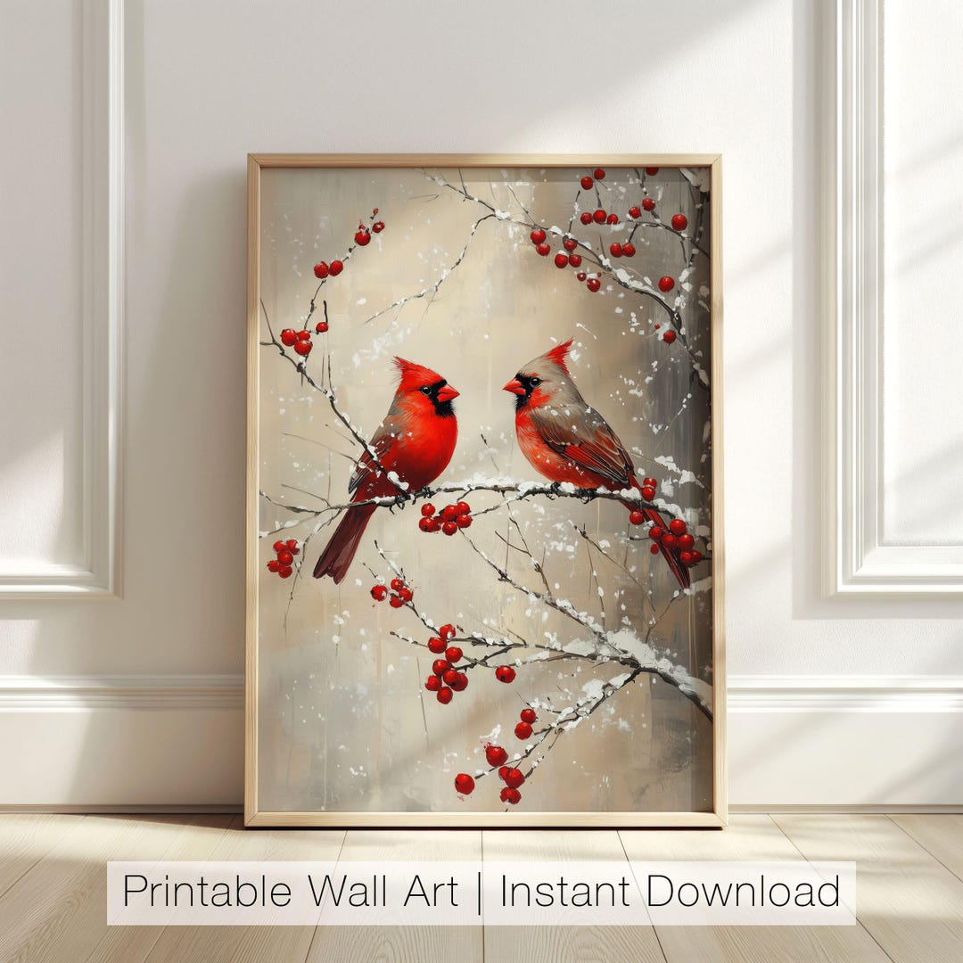 Cardinals Winter Art Print, Red Birds Christmas Decor, Holiday Wall Art ...