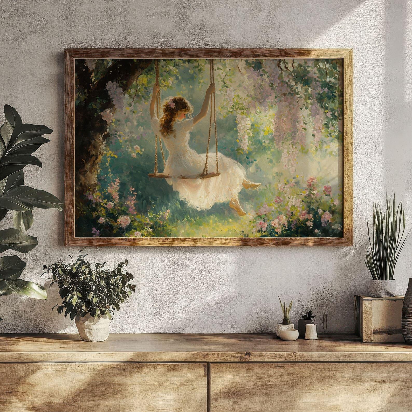 Romantic Swing in Garden Art, Cottagecore Floral Wall Decor, Vintage ...