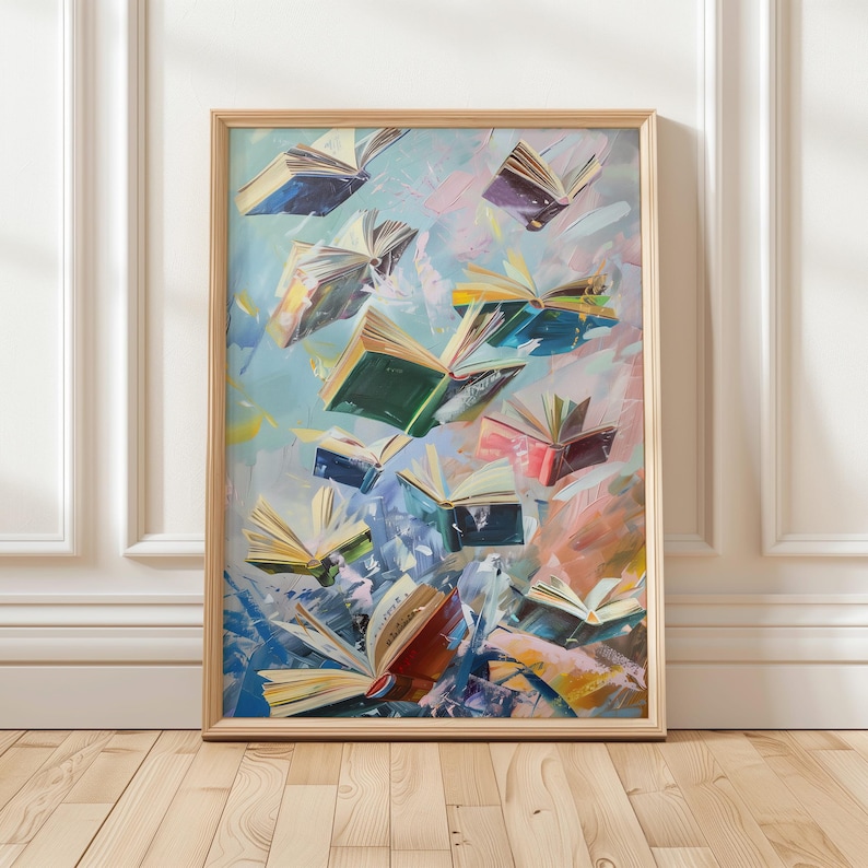 Flying Books Art Print | Colorful Digital Wall Art | Abstract Book ...