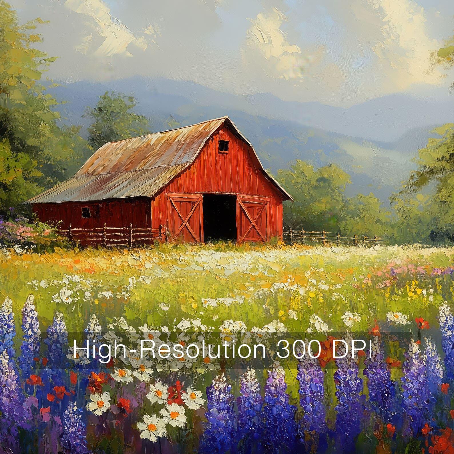 Rustic Red Barn Art, Wildflower Meadow Landscape, Farmhouse Cottagecore ...