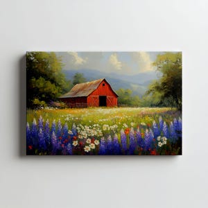 Rustic Red Barn Art, Wildflower Meadow Landscape, Farmhouse Cottagecore ...