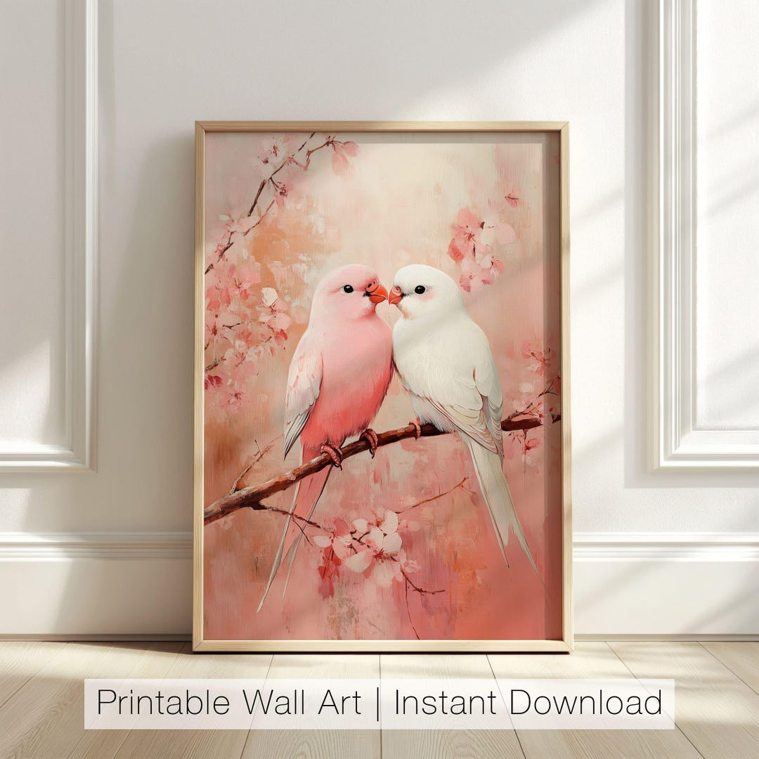 Pink Love Birds on Branch Art Print, Romantic Printable Wall Art ...