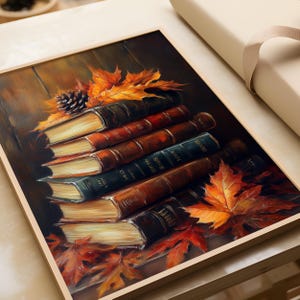 Vintage Autumn Book Stack Art Print Cozy Fall Reading Nook Decor Book ...