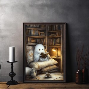 Cozy Ghost Library Art Print | Bookish Halloween Decor | Spooky Reading ...