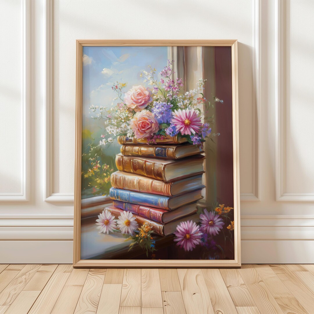 Vintage Floral Book Stack Art Print | Cozy Reading Nook Decor | Book ...
