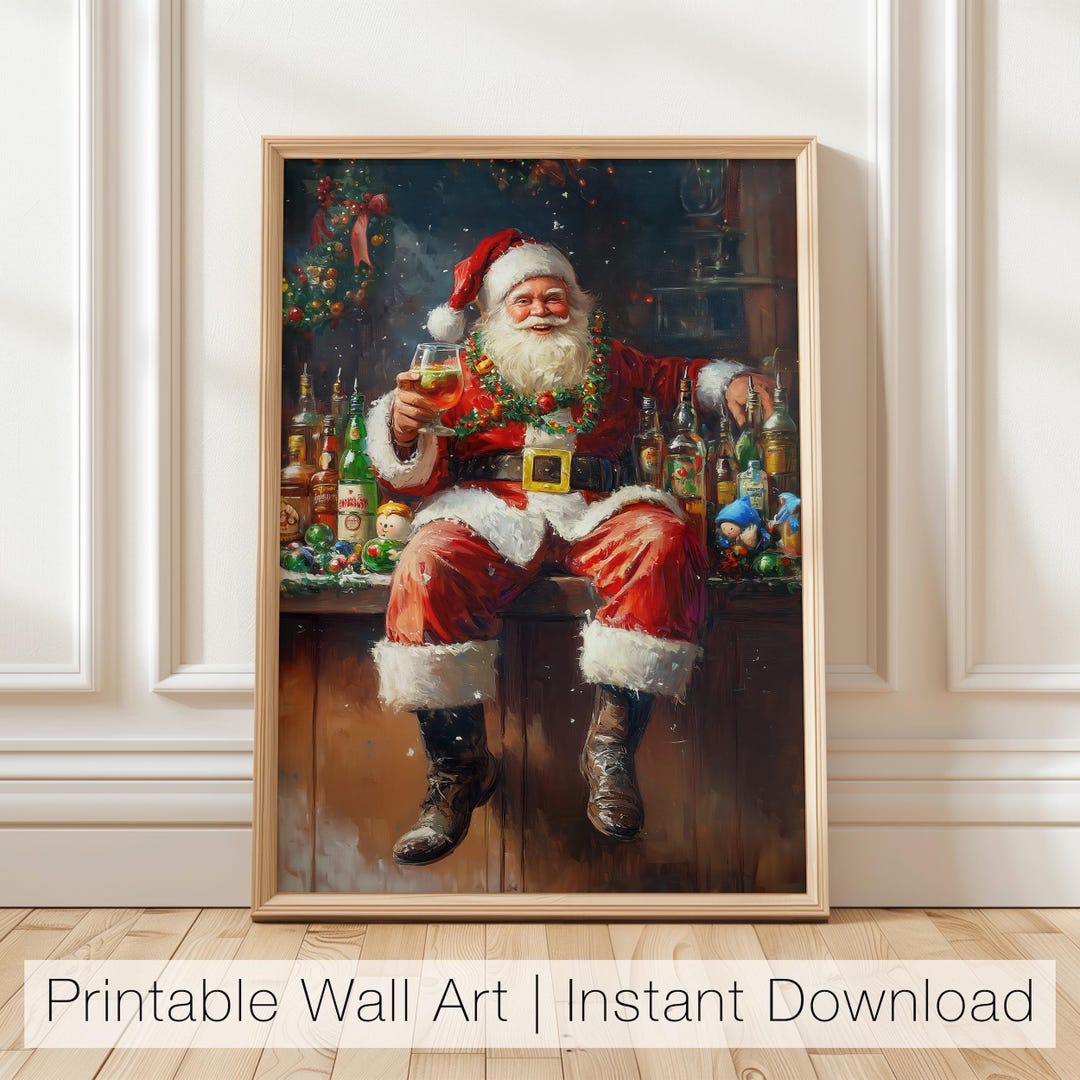 Funny Santa Claus Drinking Art, Christmas Wall Art, Holiday Bar Cart ...
