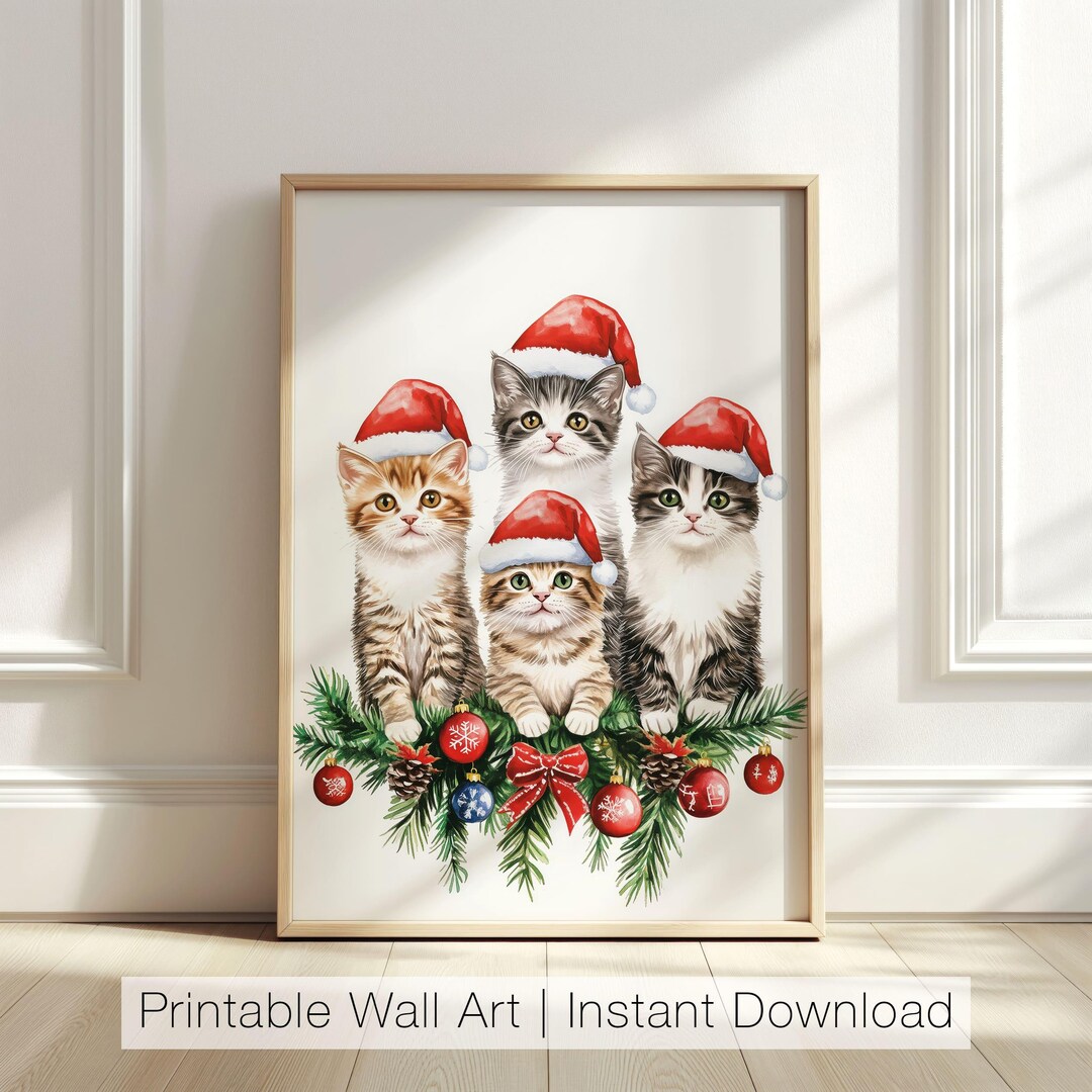 Christmas Kittens Printable, Cute Cat Holiday Art, Christmas Cat Wall ...