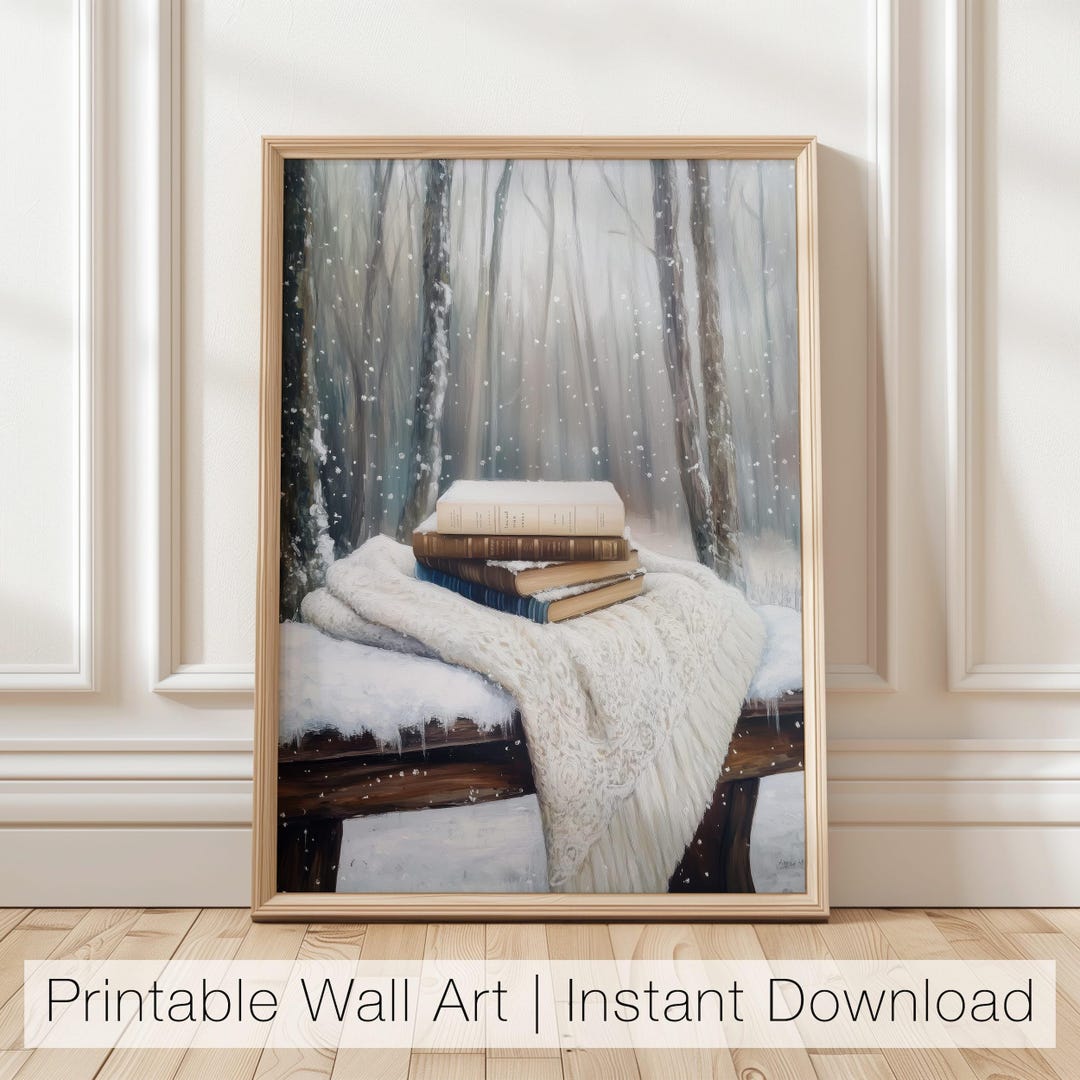 Bookish Winter Art, Book Lover Printable, Winter Reading Nook, Stack of ...