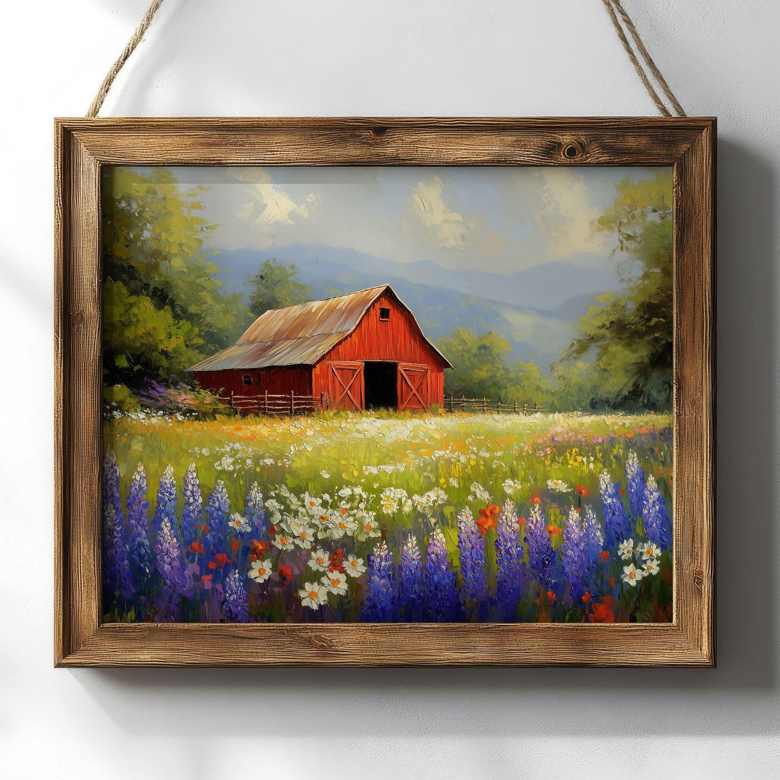 Rustic Red Barn Art, Wildflower Meadow Landscape, Farmhouse Cottagecore ...