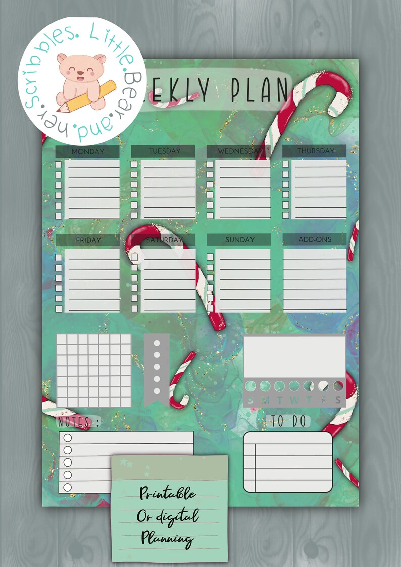 PDF Weekly Planner, Printable and Digital Weekly Planner Candy Cane ...